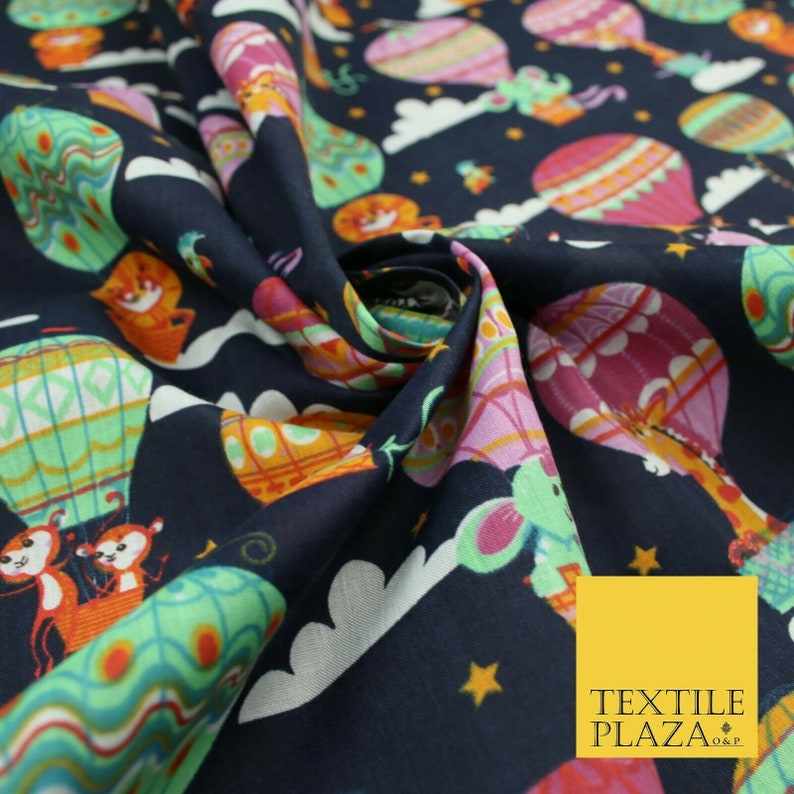 Fun Jungle Animals Hot Air Balloon Clouds Printed Polycotton | Etsy