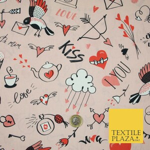 Pink Red Love Valentines Doodle Themed Digital Print 100% Cotton Fabric ...