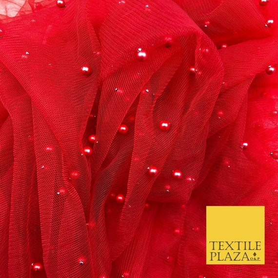 Red Studded Pearl Mesh Net Fabric Bridal Sheer Craft Dress - Etsy