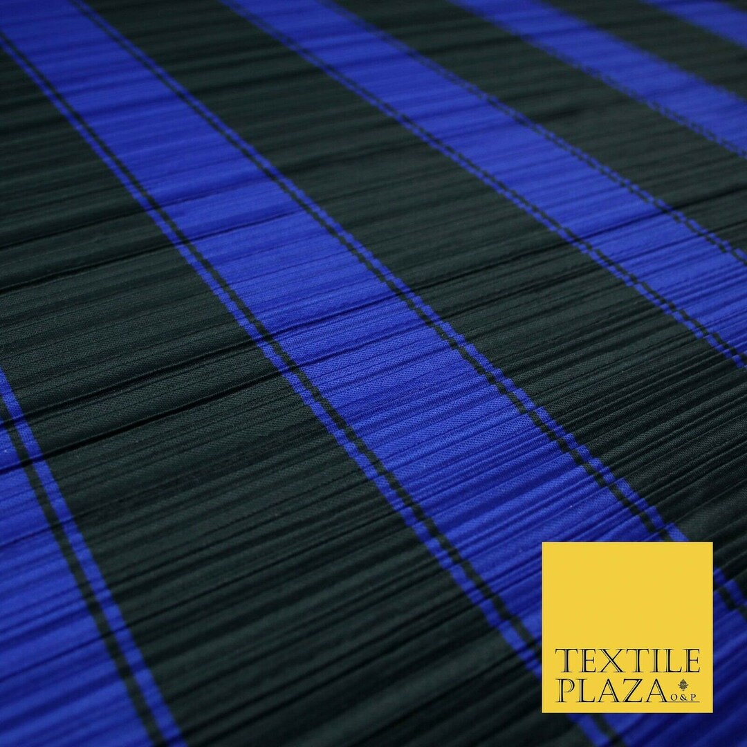 Black Royal Blue Large Striped Printed Pleated Plisse Satin Dress ...