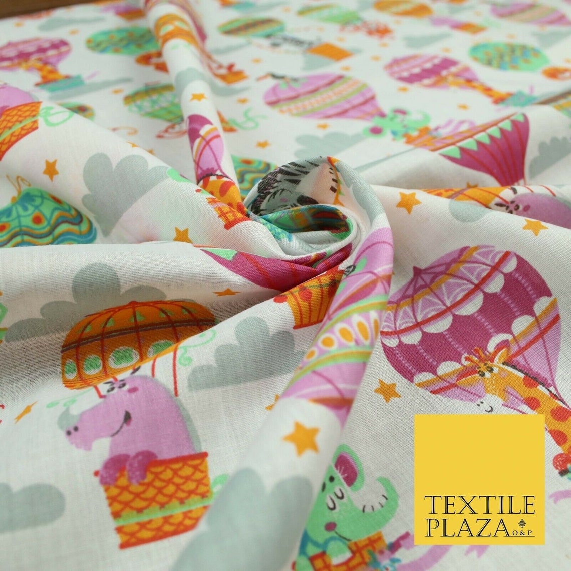 Fun Jungle Animals Hot Air Balloon Clouds Printed Polycotton | Etsy