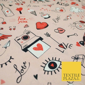 Pink Red Love Valentines Doodle Themed Digital Print 100% Cotton Fabric ...