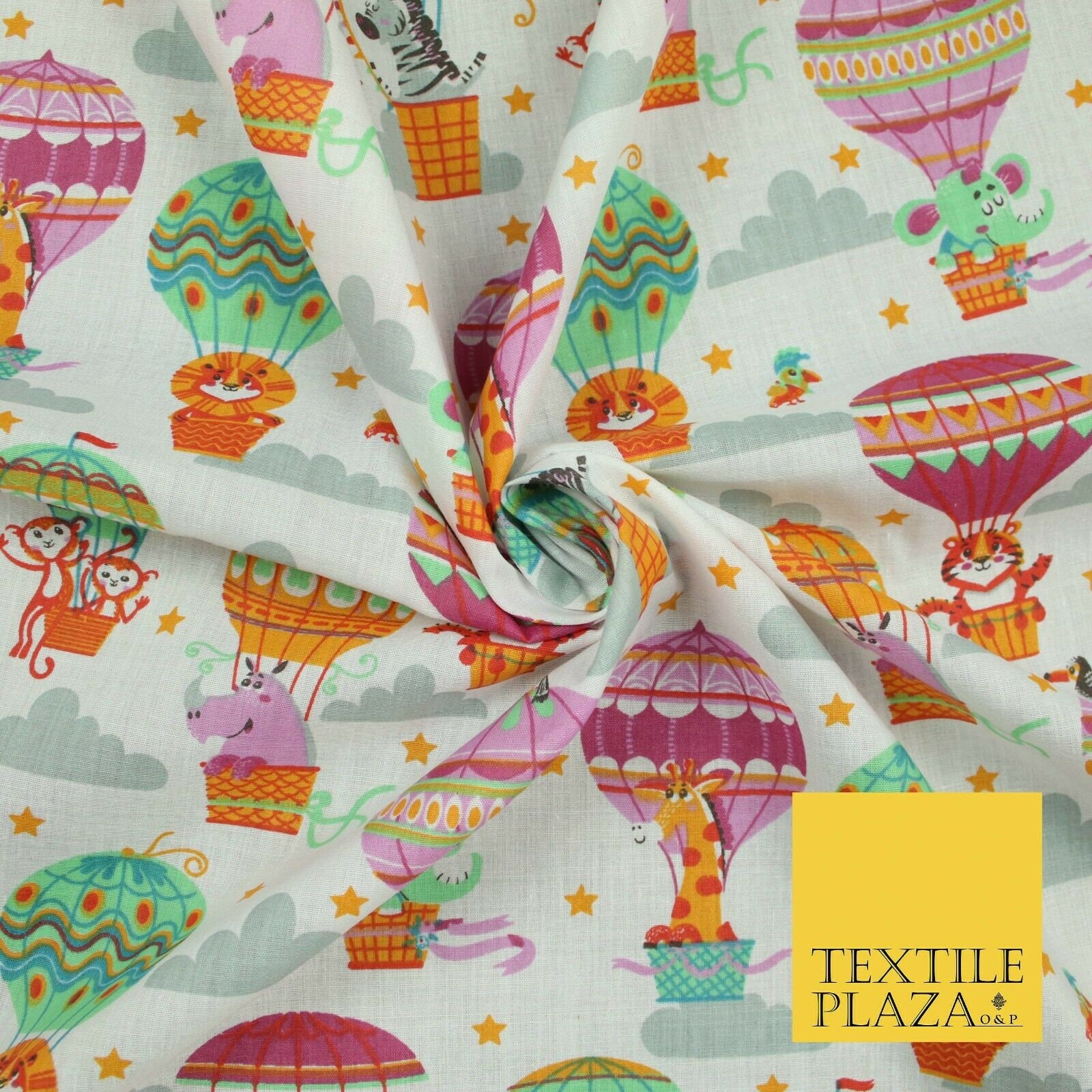 Fun Jungle Animals Hot Air Balloon Clouds Printed Polycotton | Etsy