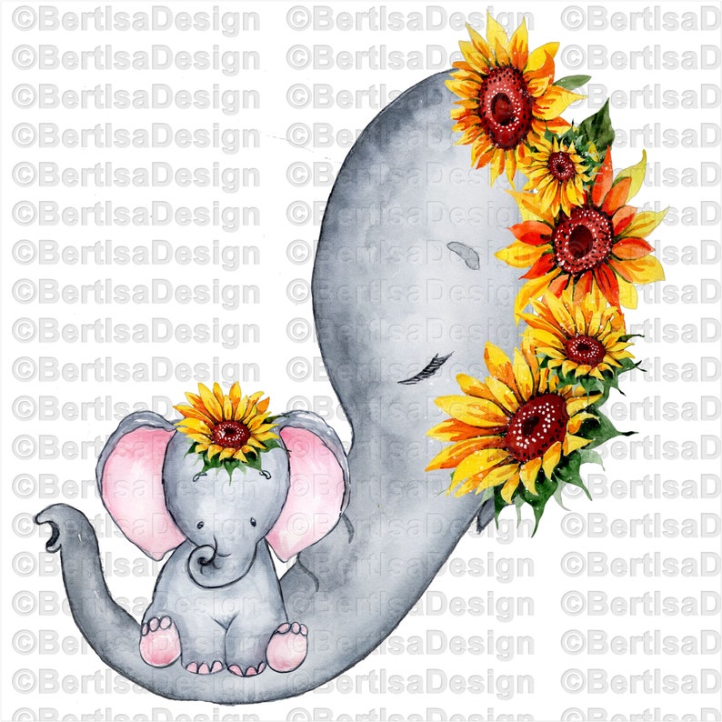 Sunflower Elephant Clipart, Mother and Baby Elephant, PNG Sublimation ...