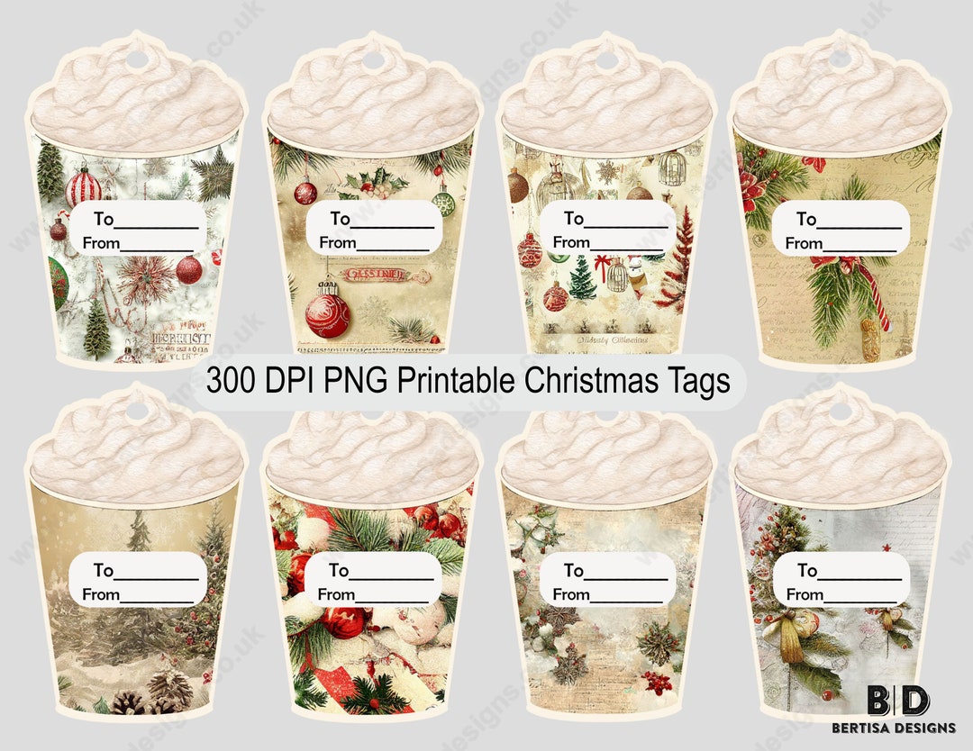 Coffee Cup Tags Christmas Printable Gift Tag Vintage - Etsy