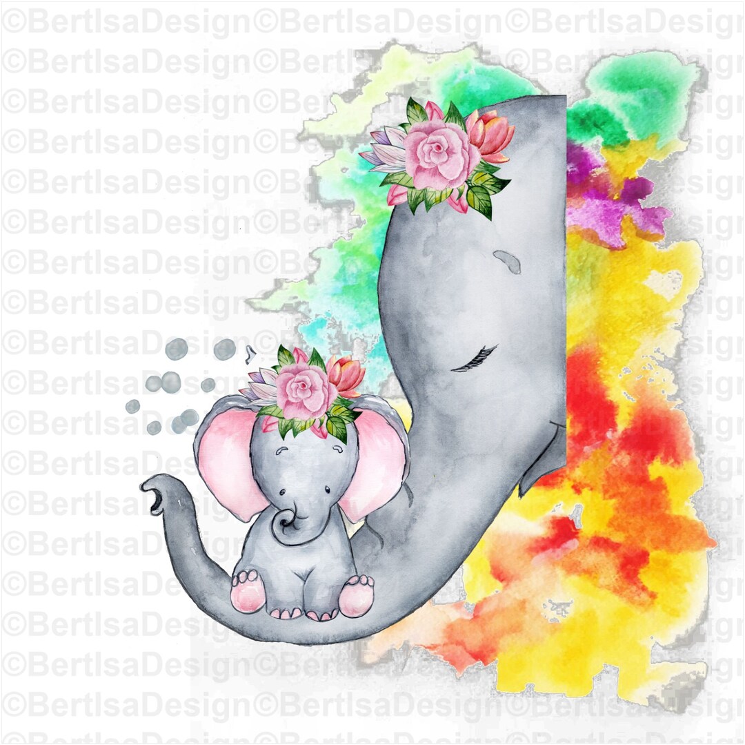 Sublimation Design, Mother and Baby Elephant, Watercolor PNG Clipart ...