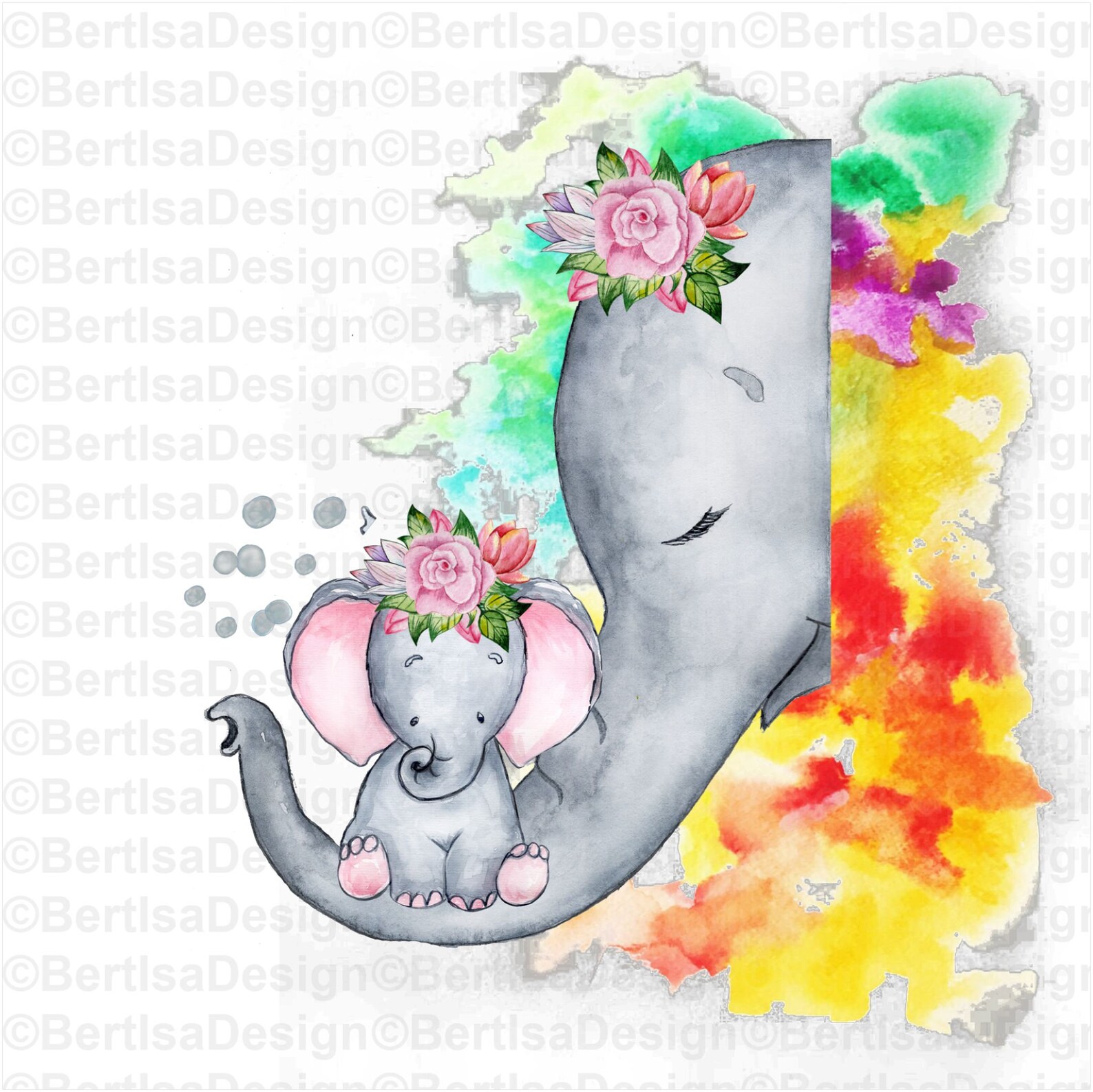 Sublimation Design, Mother and Baby Elephant, Watercolor PNG Clipart ...