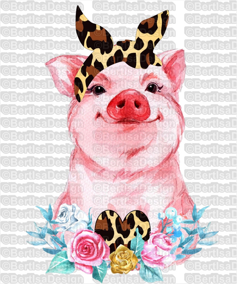 Floral Pig Design in Digital Clipart File - Pig With Leopard Bandana ...