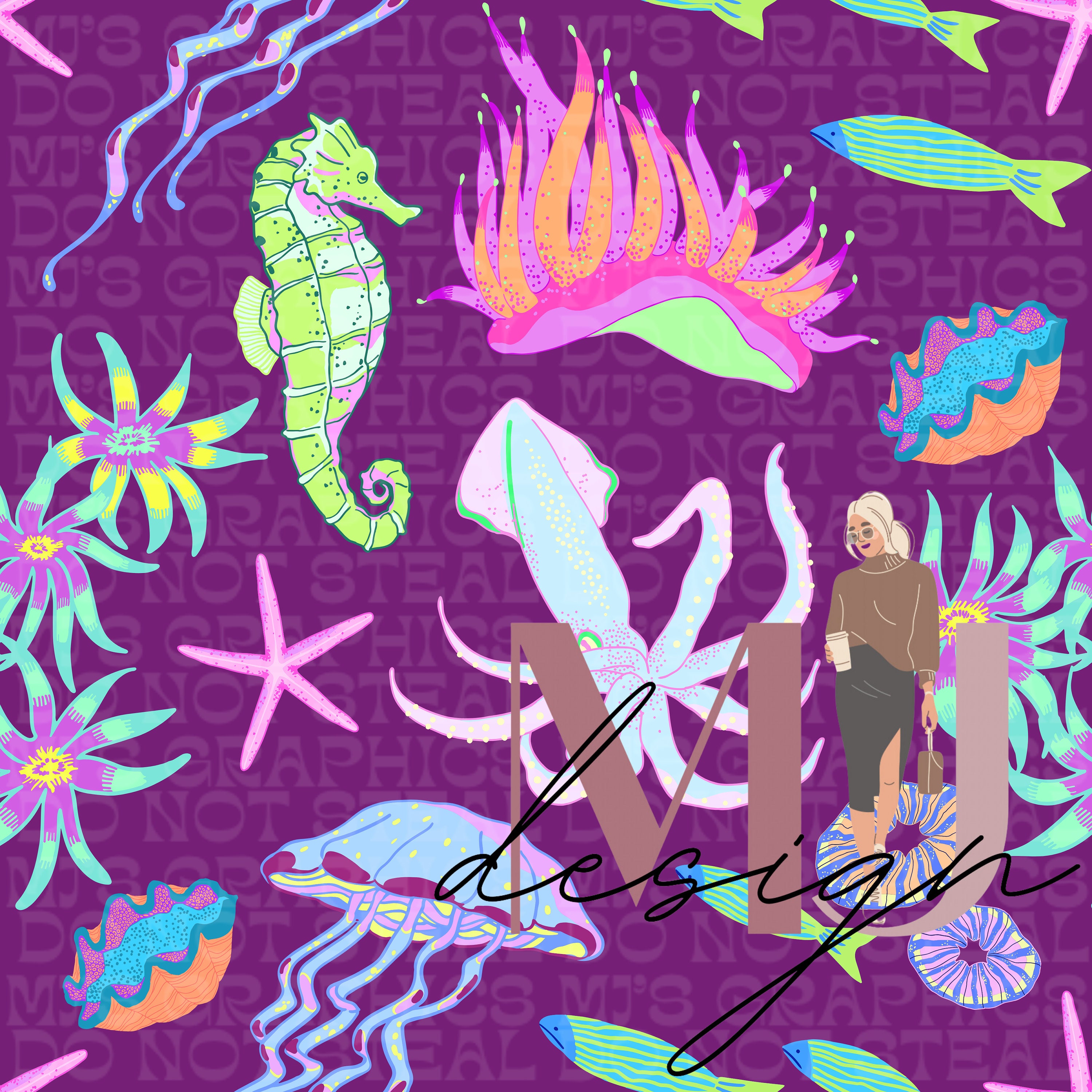 Purple Ocean Life Sea Creatures Seim Summer Seamless Design Pattern - Etsy