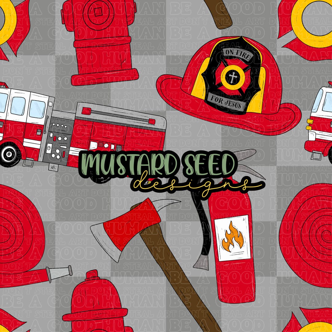 On Fire for Jesus Firefighter Firetruck Grey Checker Faith Christian ...