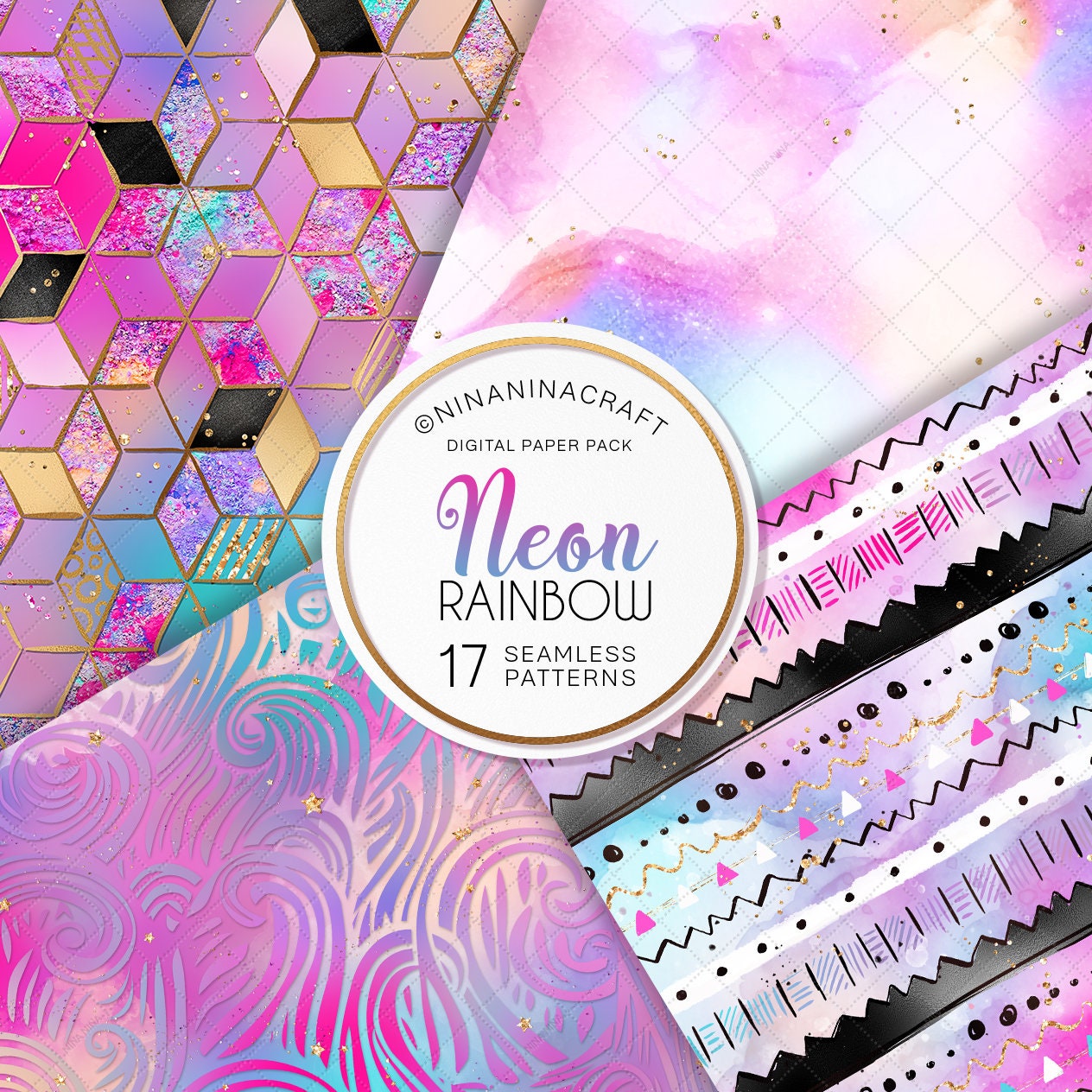 Neon Rainbow Digital Papers by Ninaninacraft, Colorful Hot Pink ...