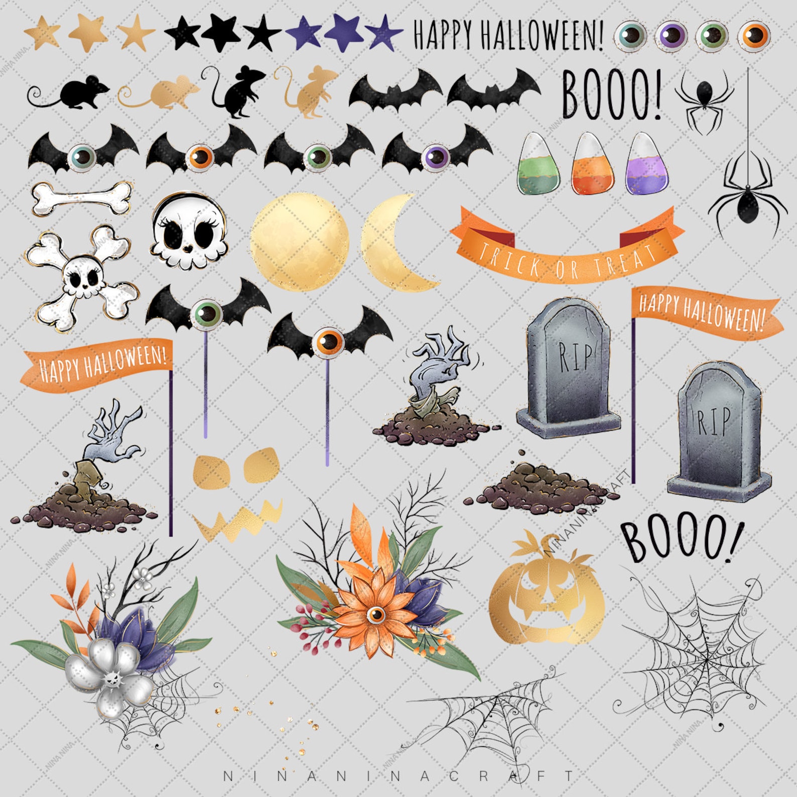 Cute Halloween Clip Art Pack Spooky Clipart by Ninaninacraft - Etsy