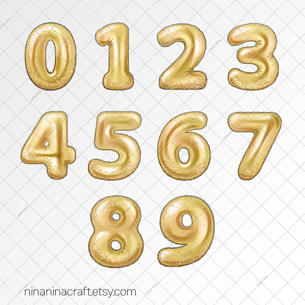 Gold Foil Balloon Numbers 0-9 Clip Art Pack Gold Glitter - Etsy