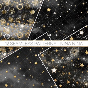 Stars Digital Papers, Gold Glitter Seamless Pattern, Black and White ...