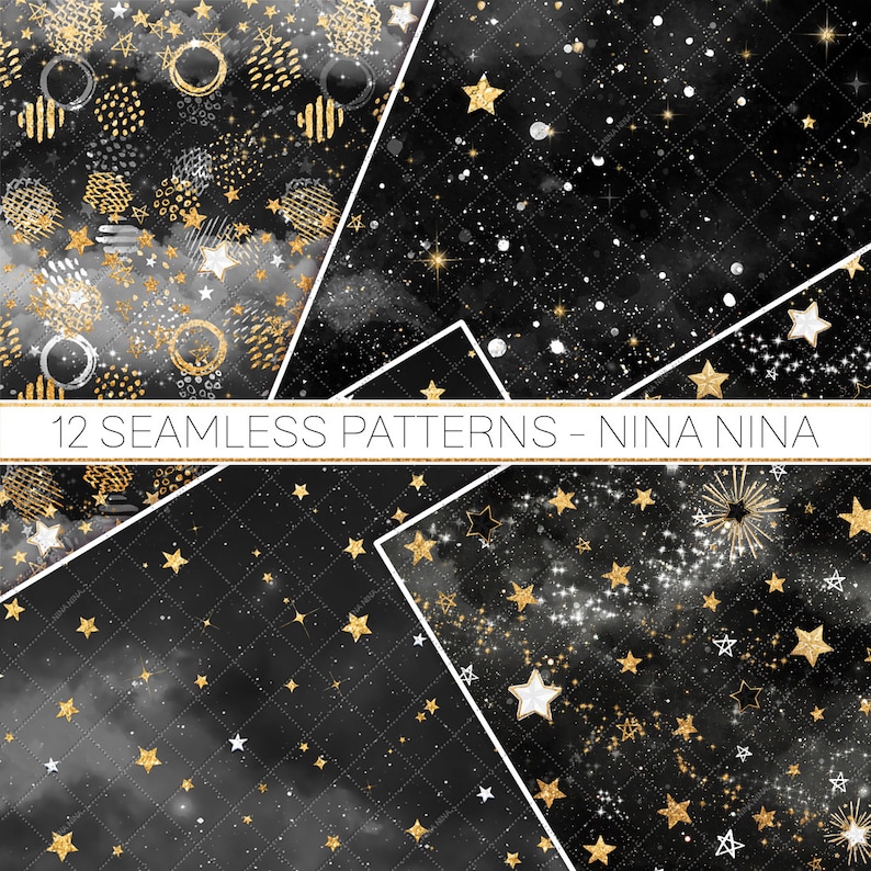 Stars Digital Papers Gold Glitter Seamless Pattern Black and - Etsy