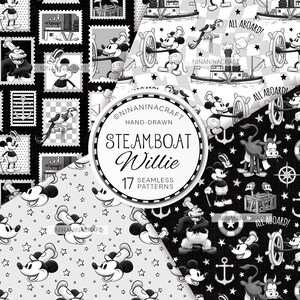 Steamboat Willie Seamless Pattern Pack, Hand-drawn Nautical Digital ...
