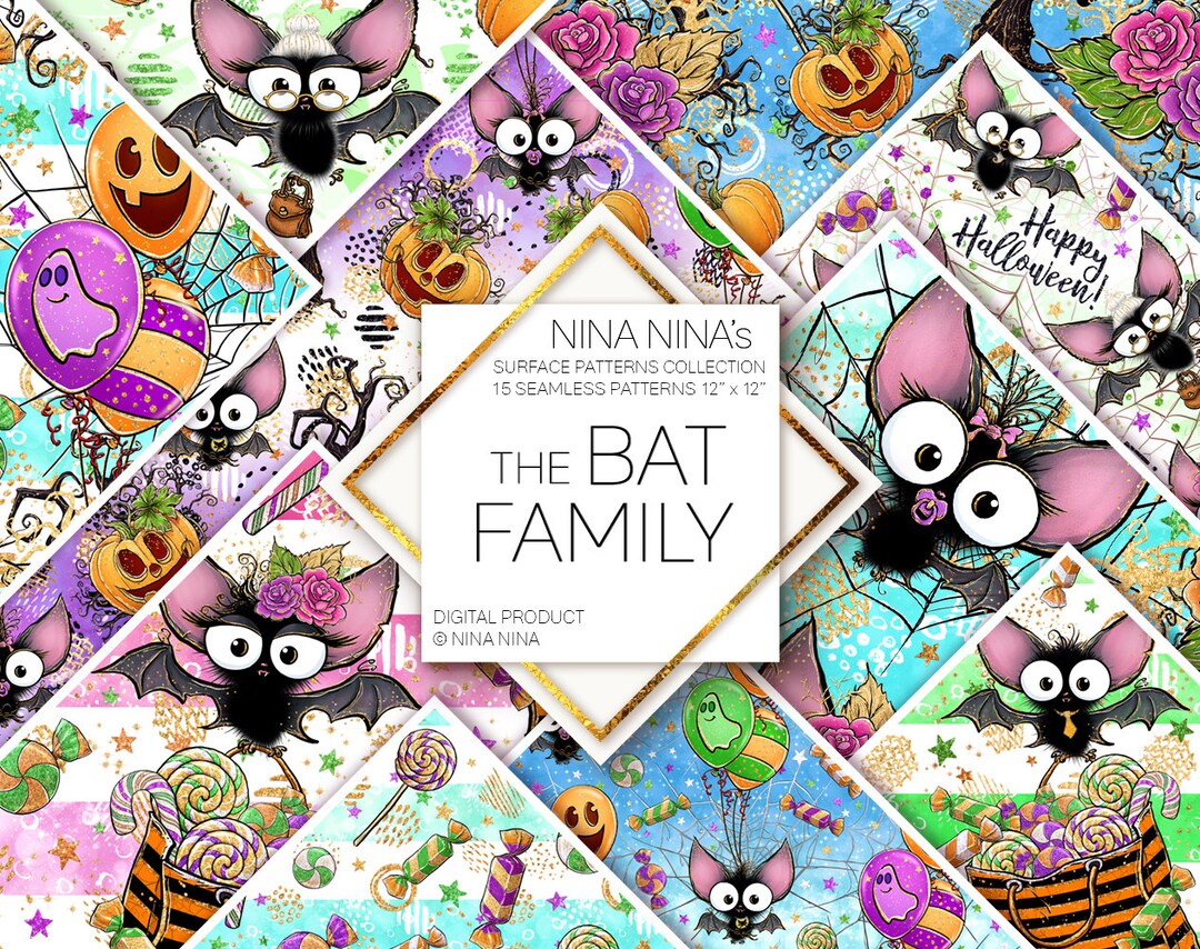 Cute Halloween Digital Papers Pack, Bats Seamless Patterns, Spooky ...