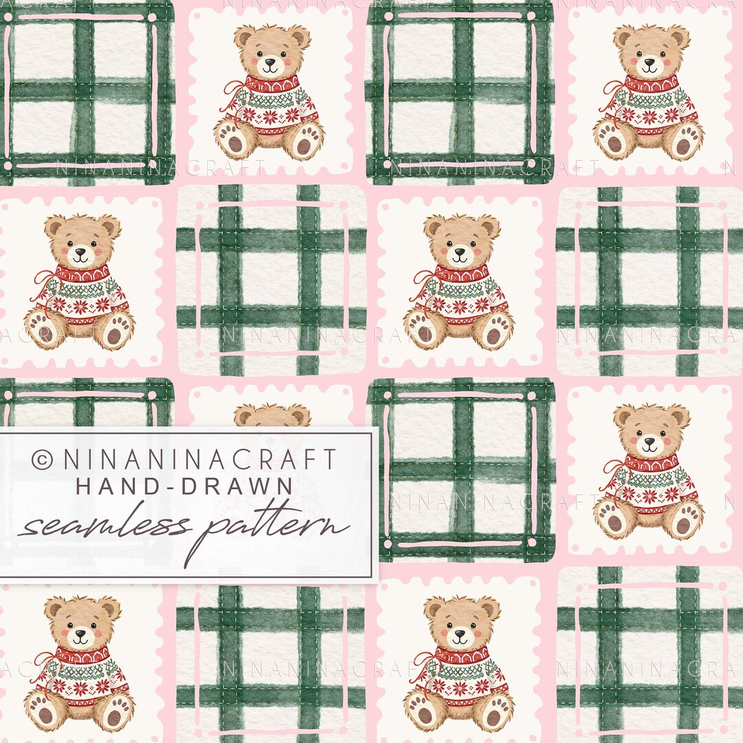 Christmas Teddy Bear Seamless Pattern by Ninaninacraft: Pink and Green ...