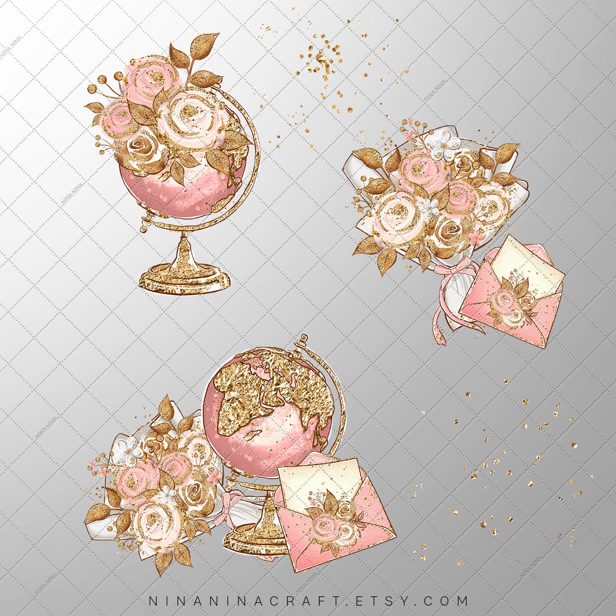 Vintage Rose Clip Art, Rose Gold Planner Stickers, Glitter Roses ...
