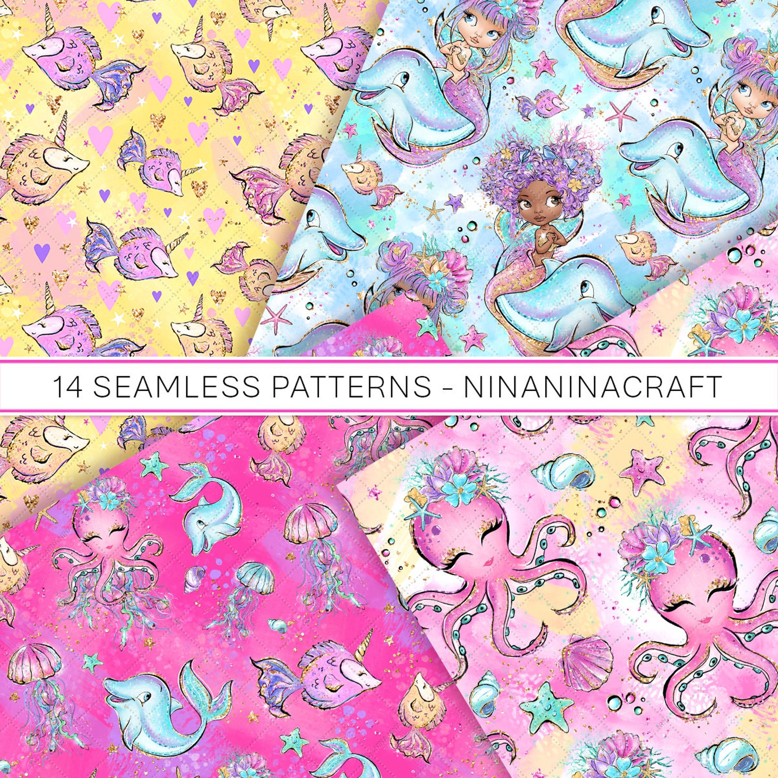 Mermaid Digital Papers Colorful Sea Seamless Patterns - Etsy
