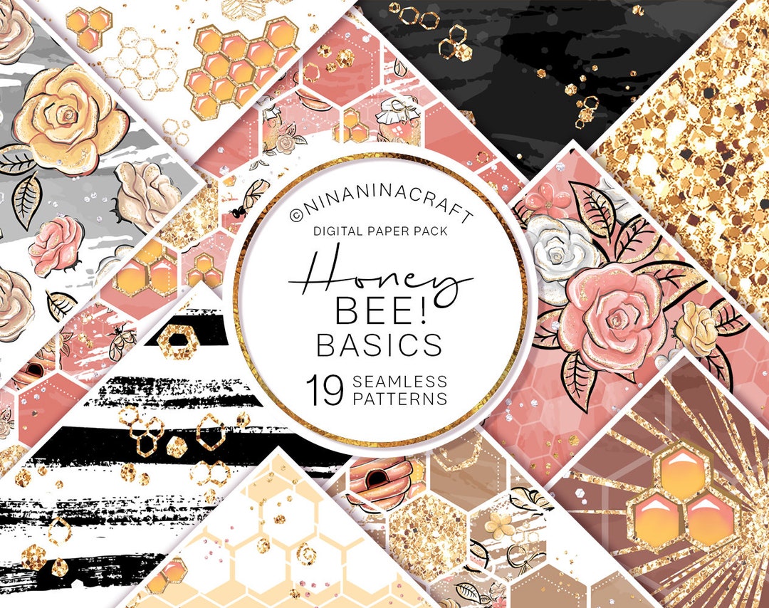 Honey Bee Digital Papers Basics, Gold Glitter Flowers, Fashion Seamless ...