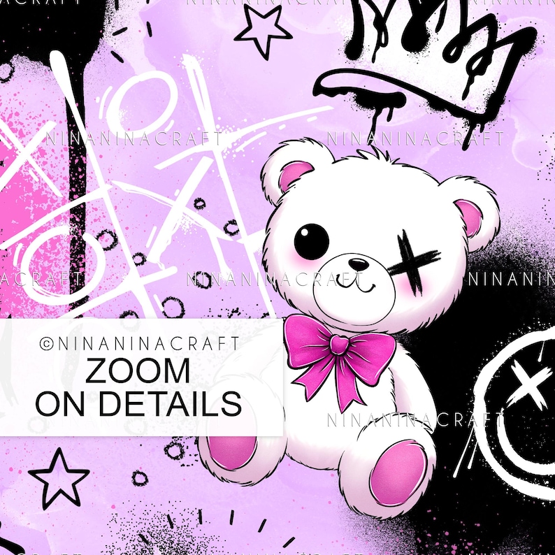 Cute Bear Glam Punk Seamless Pattern, Pink Emo Fabric Design by ...