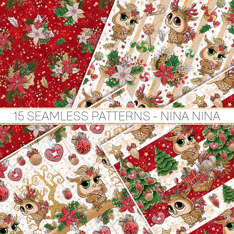 Cute Christmas Owls Digital Papers, Glitter Seamless Patterns ...