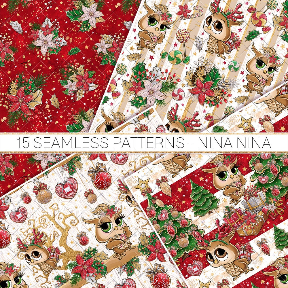 Cute Christmas Owls Digital Papers Glitter Seamless Patterns | Etsy