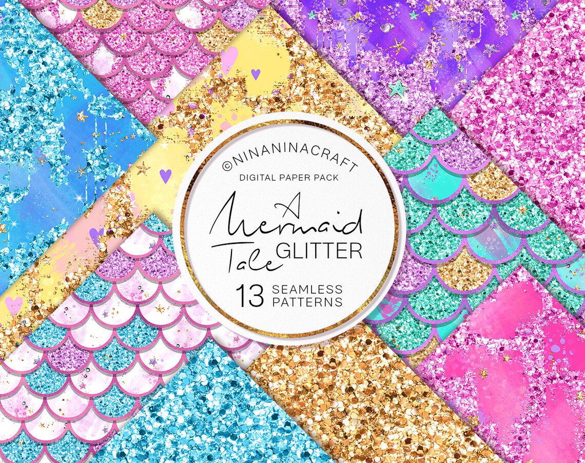 Mermaid Glitter Digital Paper Pack, Colorful Rainbow Glitter Seamless ...
