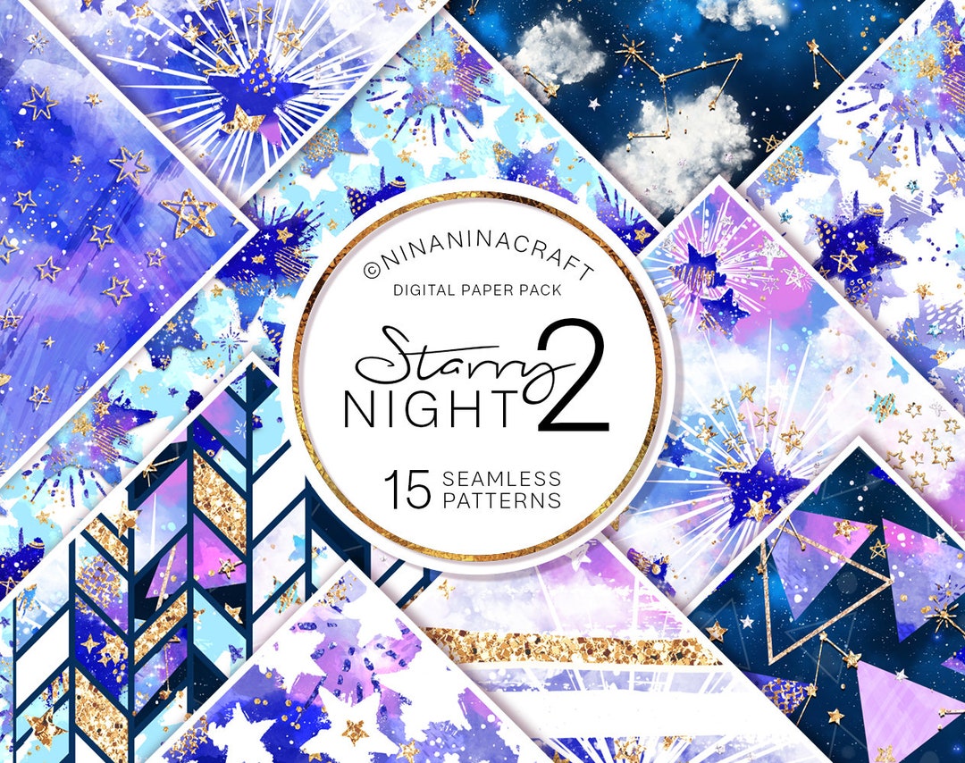 Starry Night 2 Digital Papers, Galaxy Seamless Patterns, Neon Sky ...