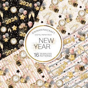 New Year Digital Paper Pack, Peony Flowers Seamless Patterns, Party ...