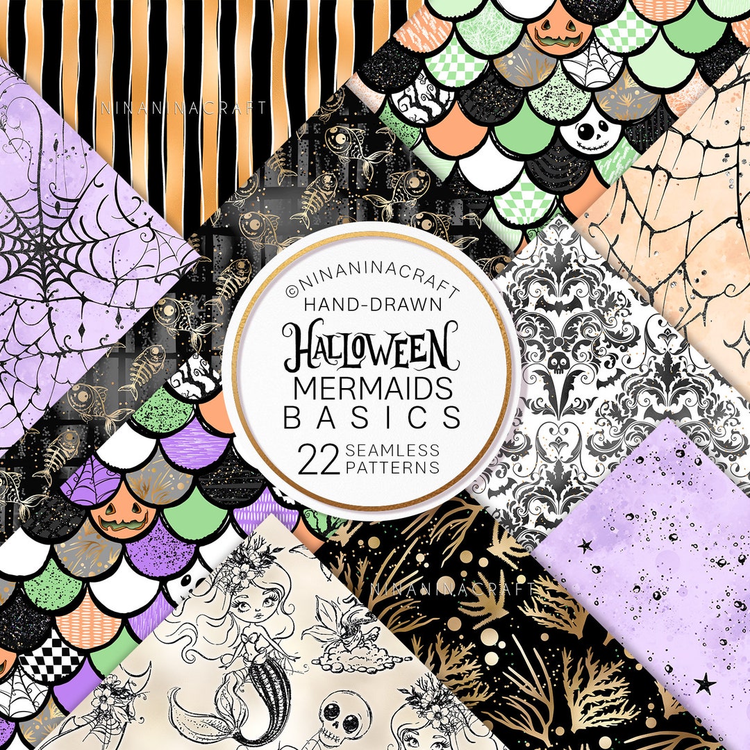 Halloween Mermaid Inspired Seamless Patterns, Digital Paper by ...