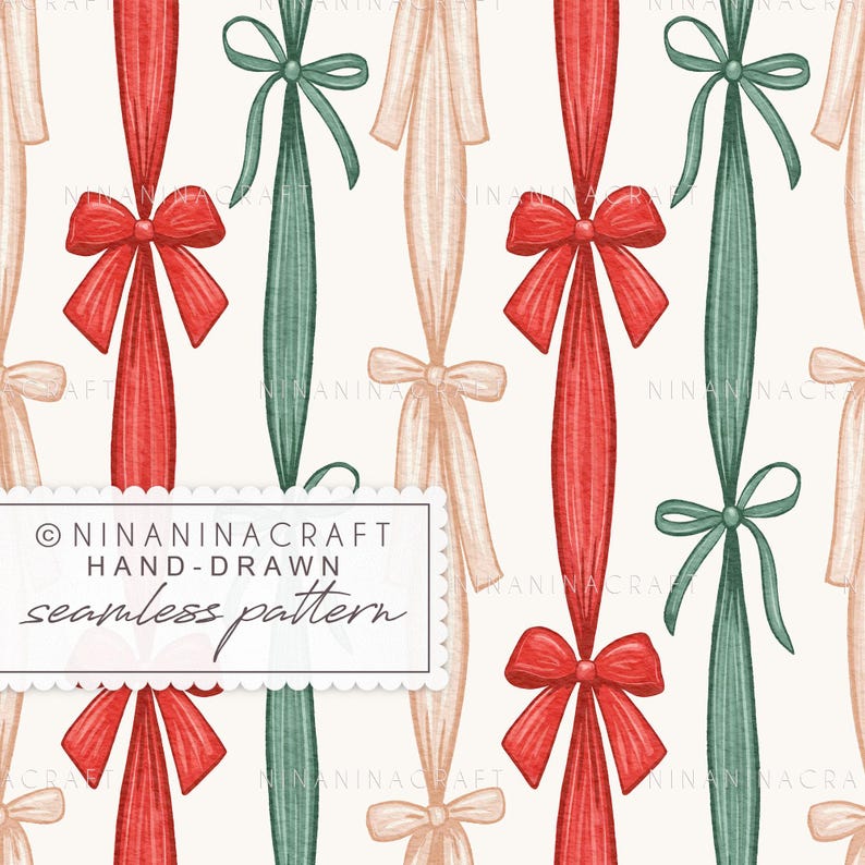 Christmas Bows Seamless Pattern by Ninaninacraft: Red, Green and Golden ...