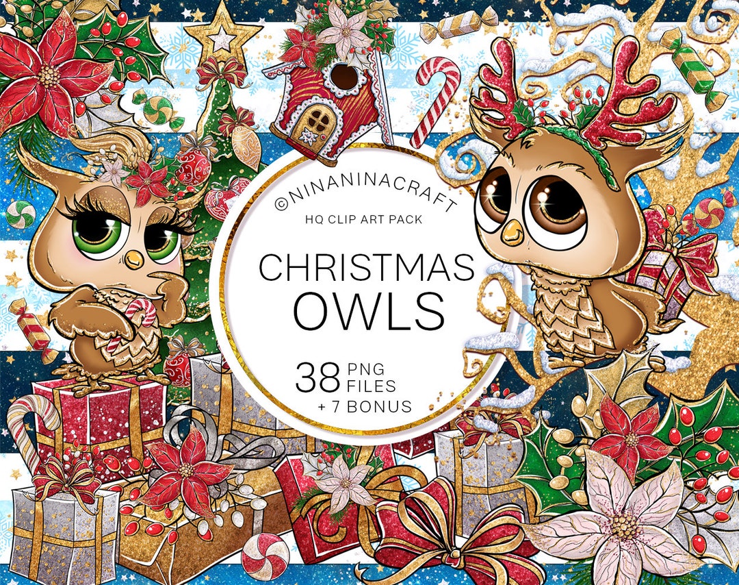 Cute Christmas Owls Clip Art Pack, Xmas Clipart, Glitter Planner ...