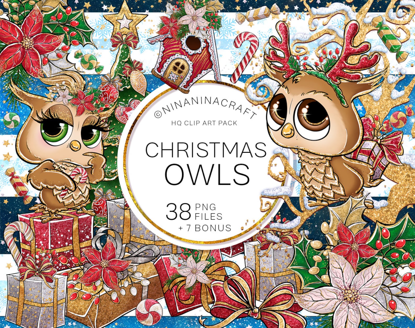 Cute Christmas Owls Clip Art Pack, Xmas Clipart, Glitter Planner ...