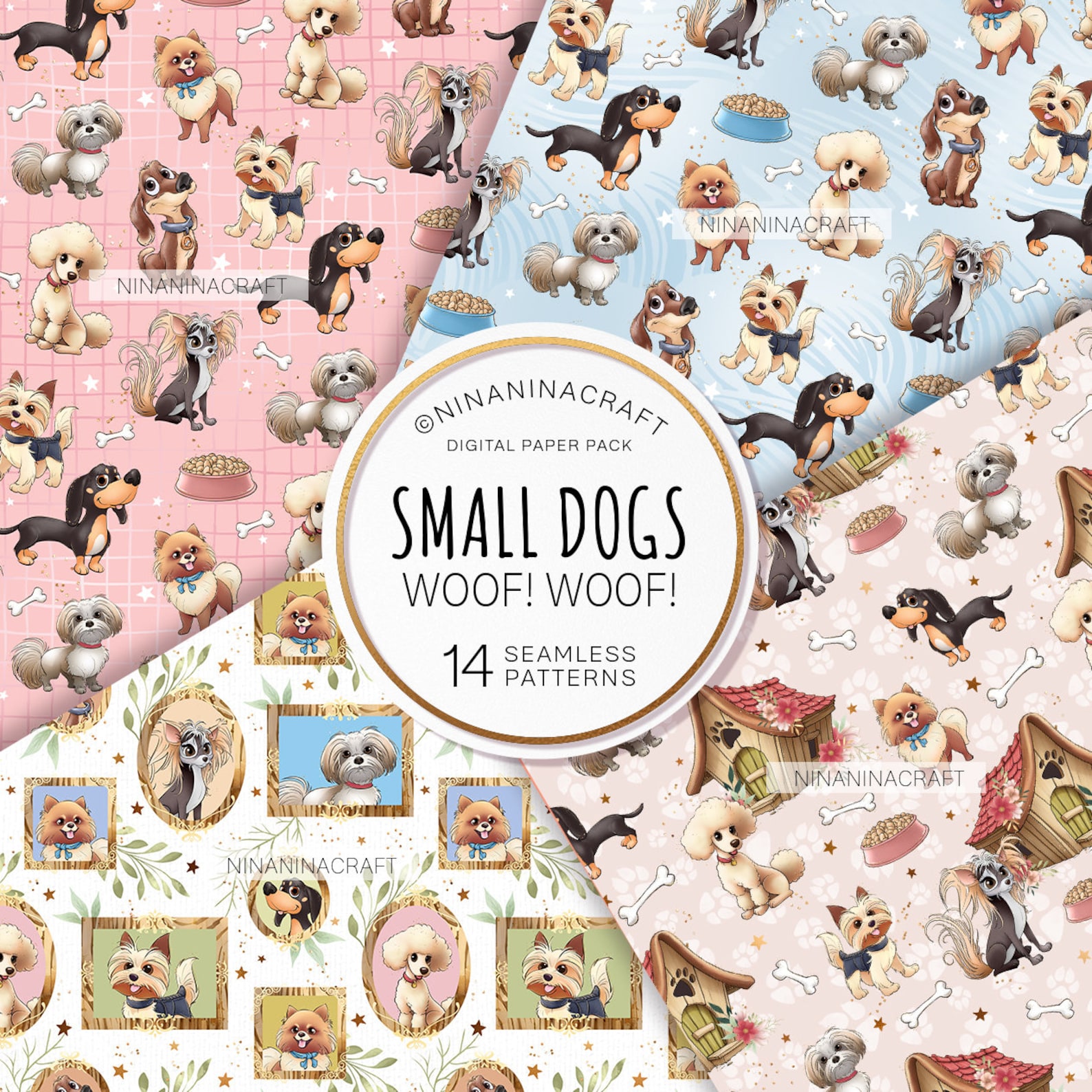 Dogs Digital Papers, Cute Puppy Seamless Patterns by Ninaninacraft ...