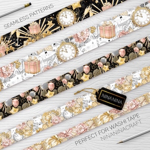 New Year Digital Paper Pack, Peony Flowers Seamless Patterns, Party ...