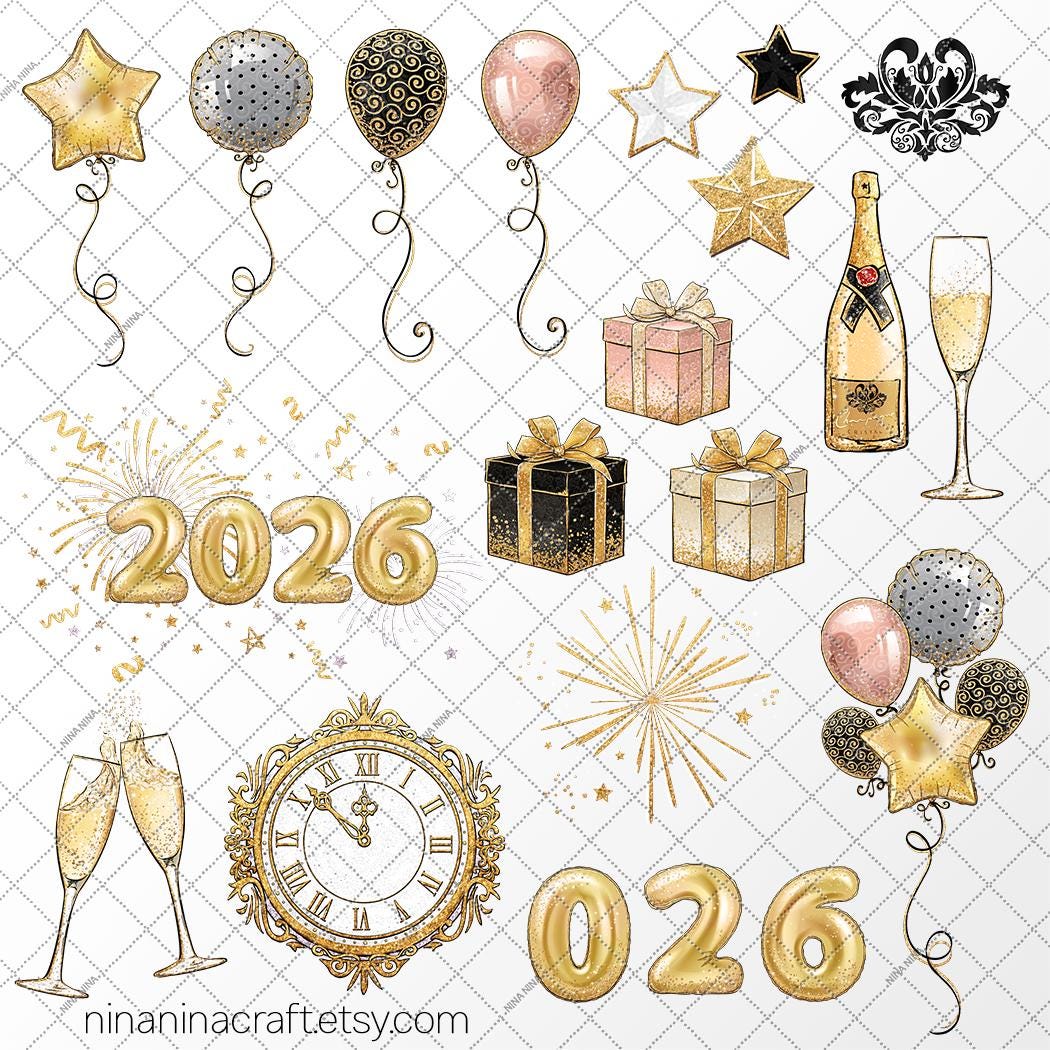 New Year Clipart, New Year's Planner Stickers, Party Clip Art, Gold ...
