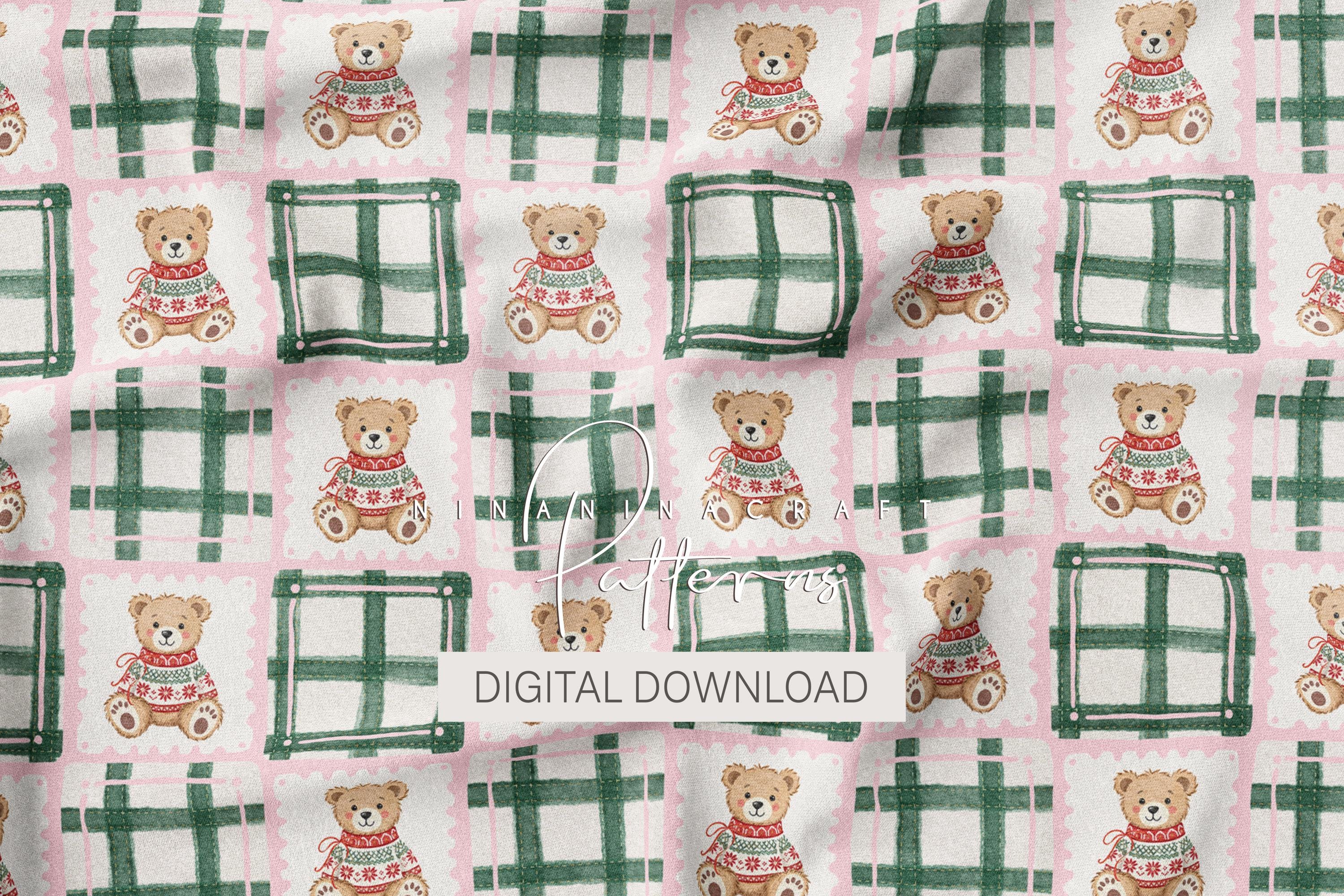 Christmas Teddy Bear Seamless Pattern by Ninaninacraft: Pink and Green ...