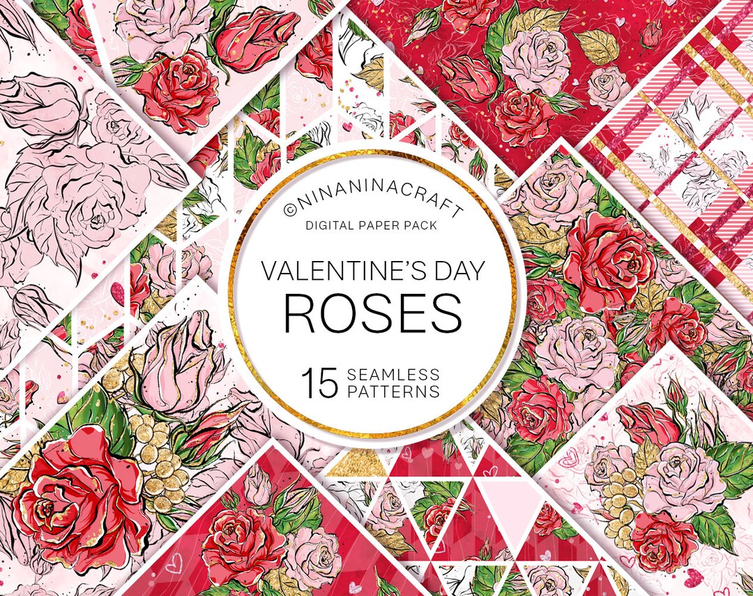 Valentine's Day Digital Papers, Roses Seamless Patterns, Valentines ...