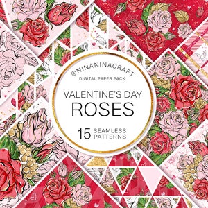Valentine's Day Digital Papers, Roses Seamless Patterns, Valentines ...