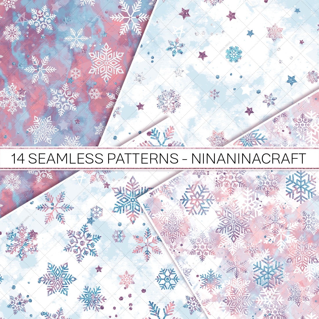 Watercolor Snowflakes Digital Papers Blush and Blue Seamless | Etsy