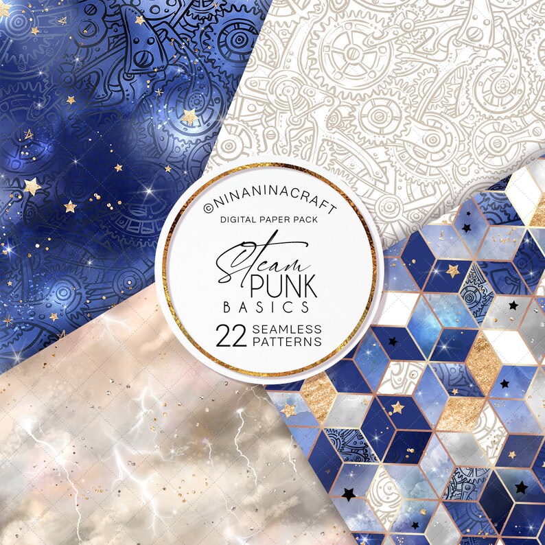 Steampunk Basics Digital Papers, Glitter Clockwork Seamless Patterns by ...