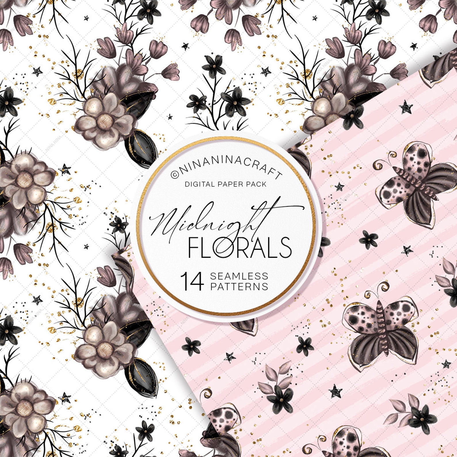 Glittery Florals Digital Paper Dark Pretty Flowers Seamless - Etsy