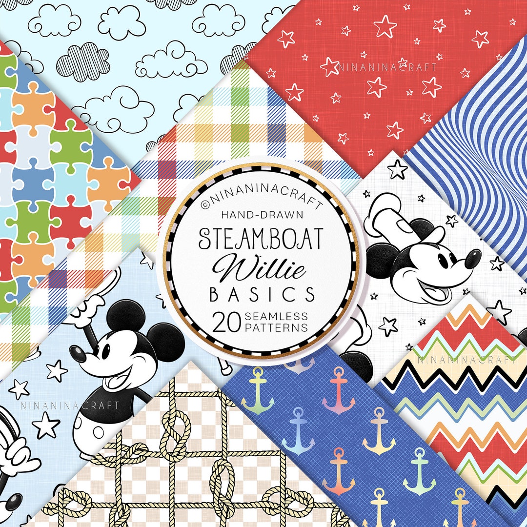 Steamboat Willie Seamless Pattern Pack, Hand-drawn Nautical Digital ...