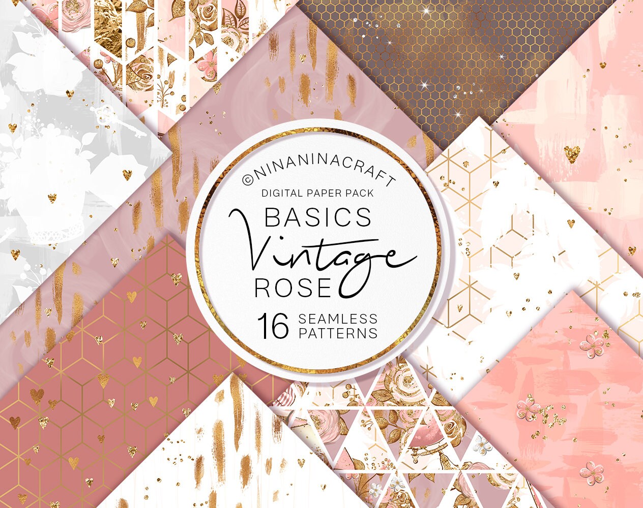 16 Vintage Rose Basics Digital Papers Hand Drawn Gold | Etsy