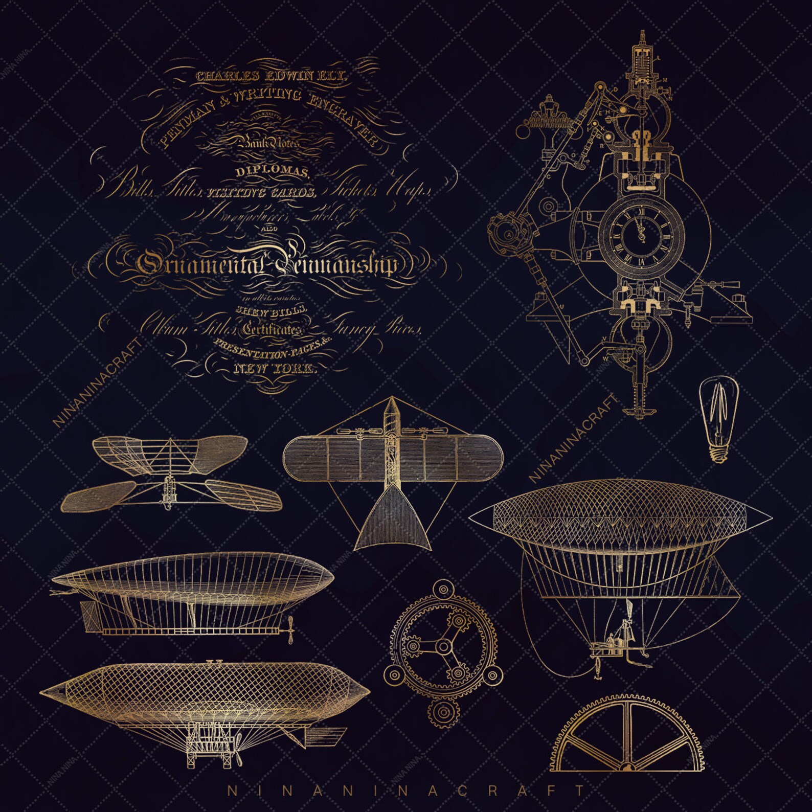 Steampunk Clipart Pack, Gold Lineart by Ninaninacraft, Line Art ...