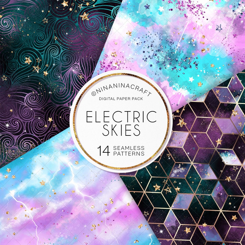 Electric Galaxy Digital Papers, Starry Night Seamless Patterns by ...