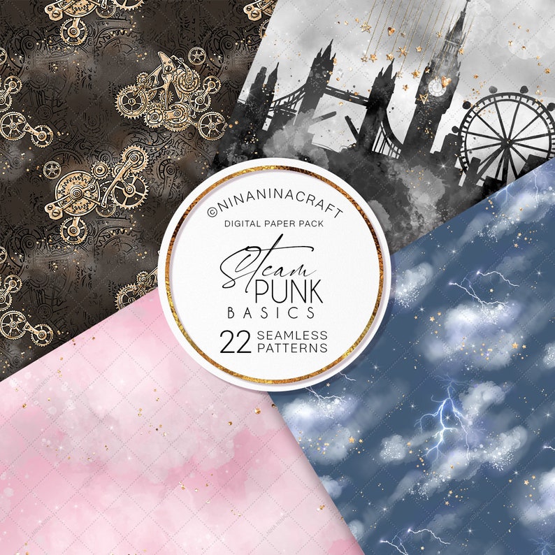 Steampunk Basics Digital Papers, Glitter Clockwork Seamless Patterns by ...