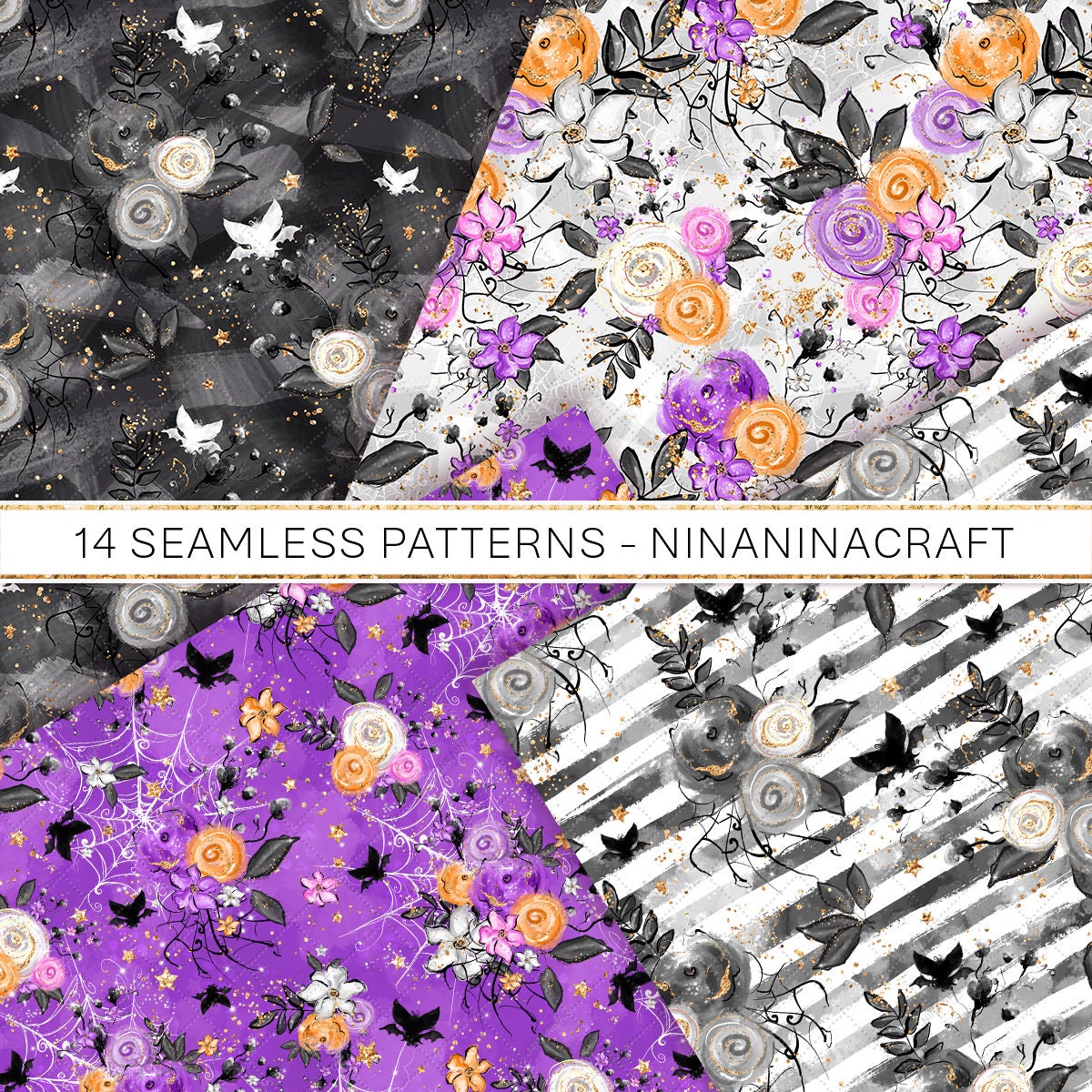 Halloween Flowers Digital Paper Pack, Cute Spooky Floral Seamless ...